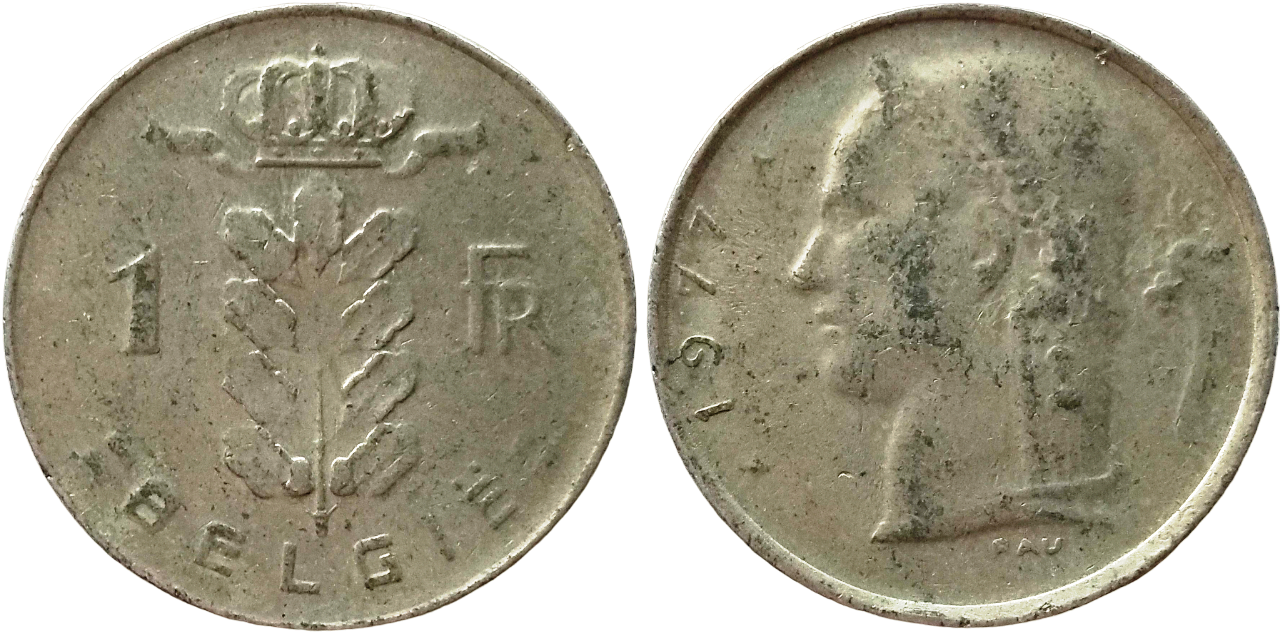 Купить монету Бельгия 1 франк 1977 год XF KM# 143 Надпись на голландском - 'BELGIË' за 30р.