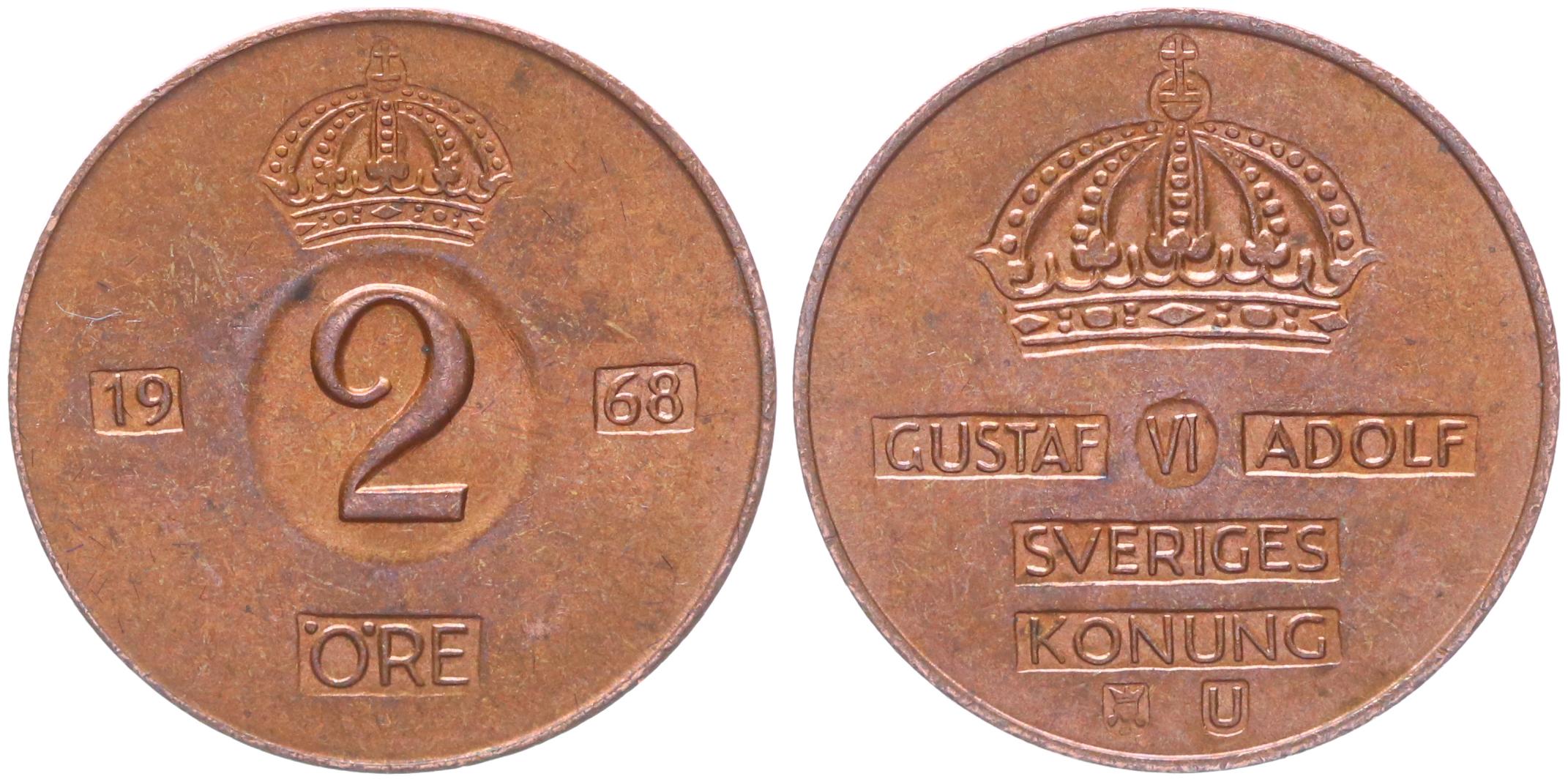 Купить монету Швеция 2 Эре 1968 год XF KM# 821 Густав VI за 104р.