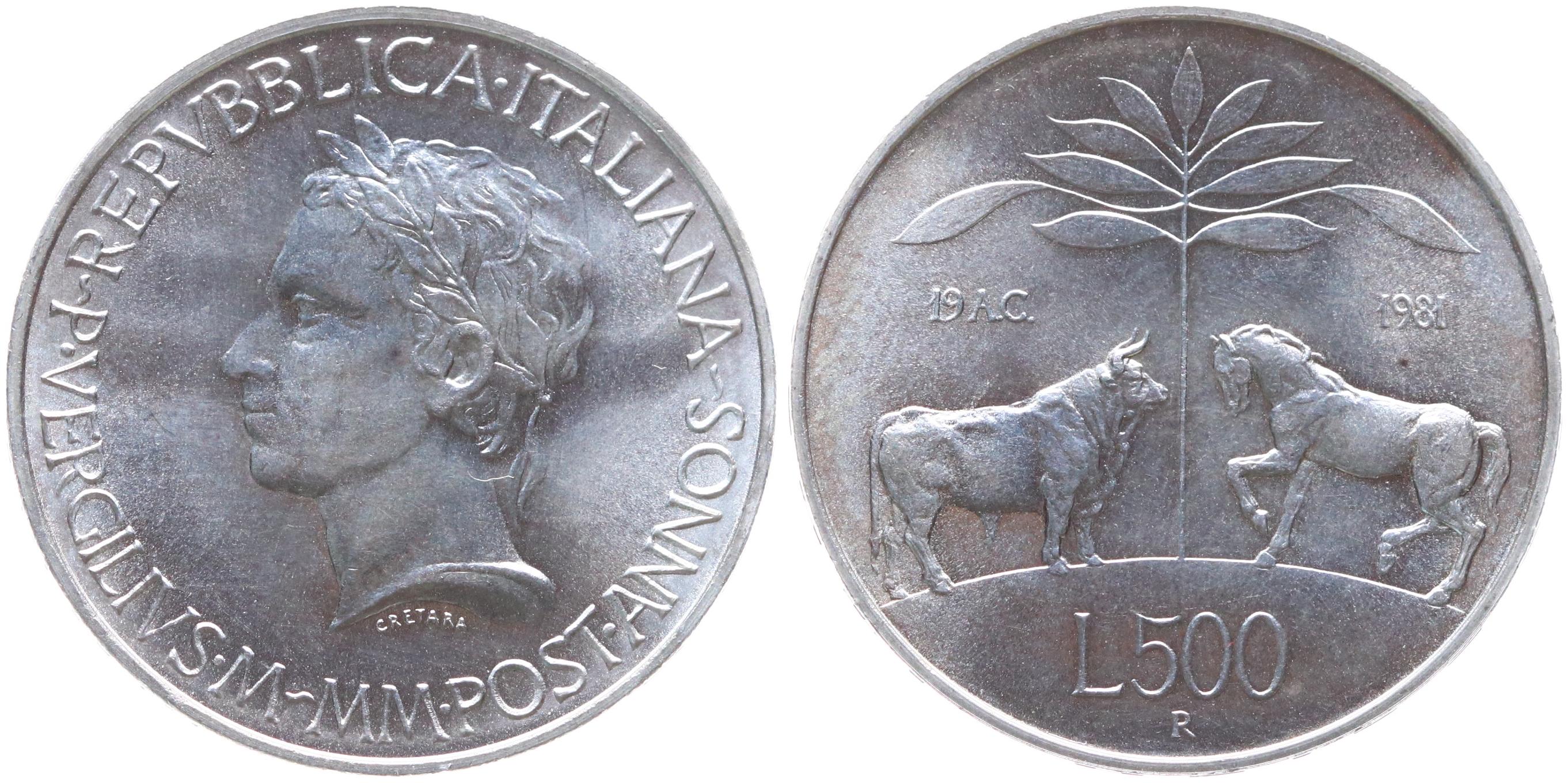 Купить монету Италия 500 Лир 1981 R год Серебро UNC KM# 110 2000 лет со дня смерти Вергилия за ...